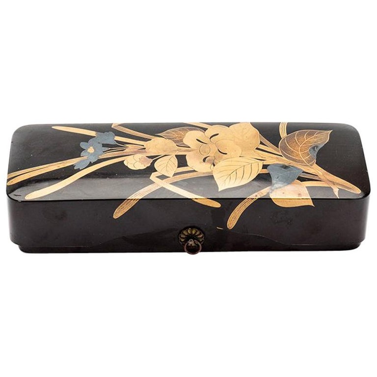 Japanese Black Lacquer Box with Gold and Silver Maki-E Floral Design ...