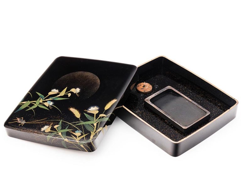 Japanese Black Lacquer Tsuzuri-Bako Writing Box with Cricket and ...