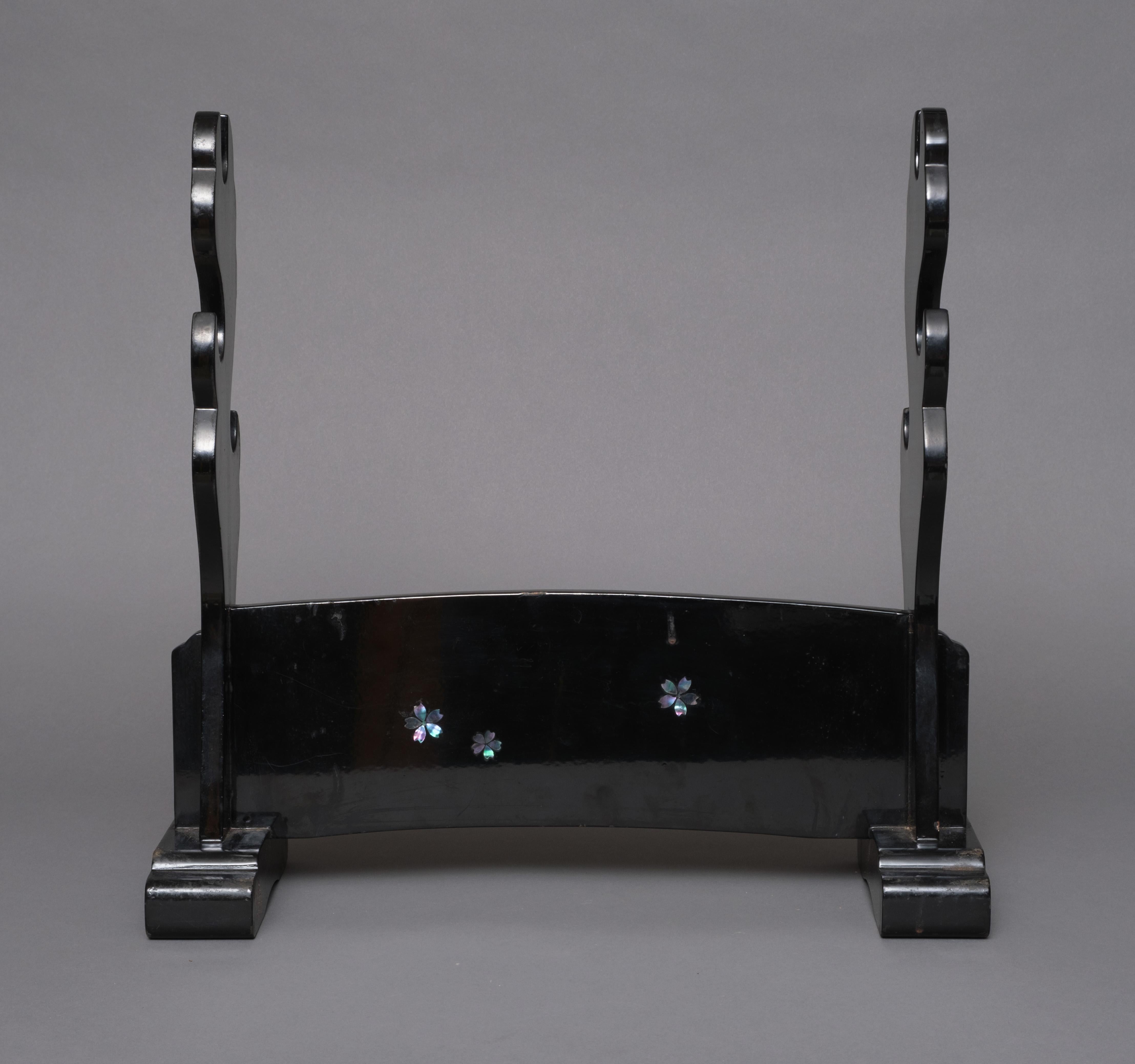 Japanese black lacquered sword stand 刀掛け (katana’kake) with raden inlay ...