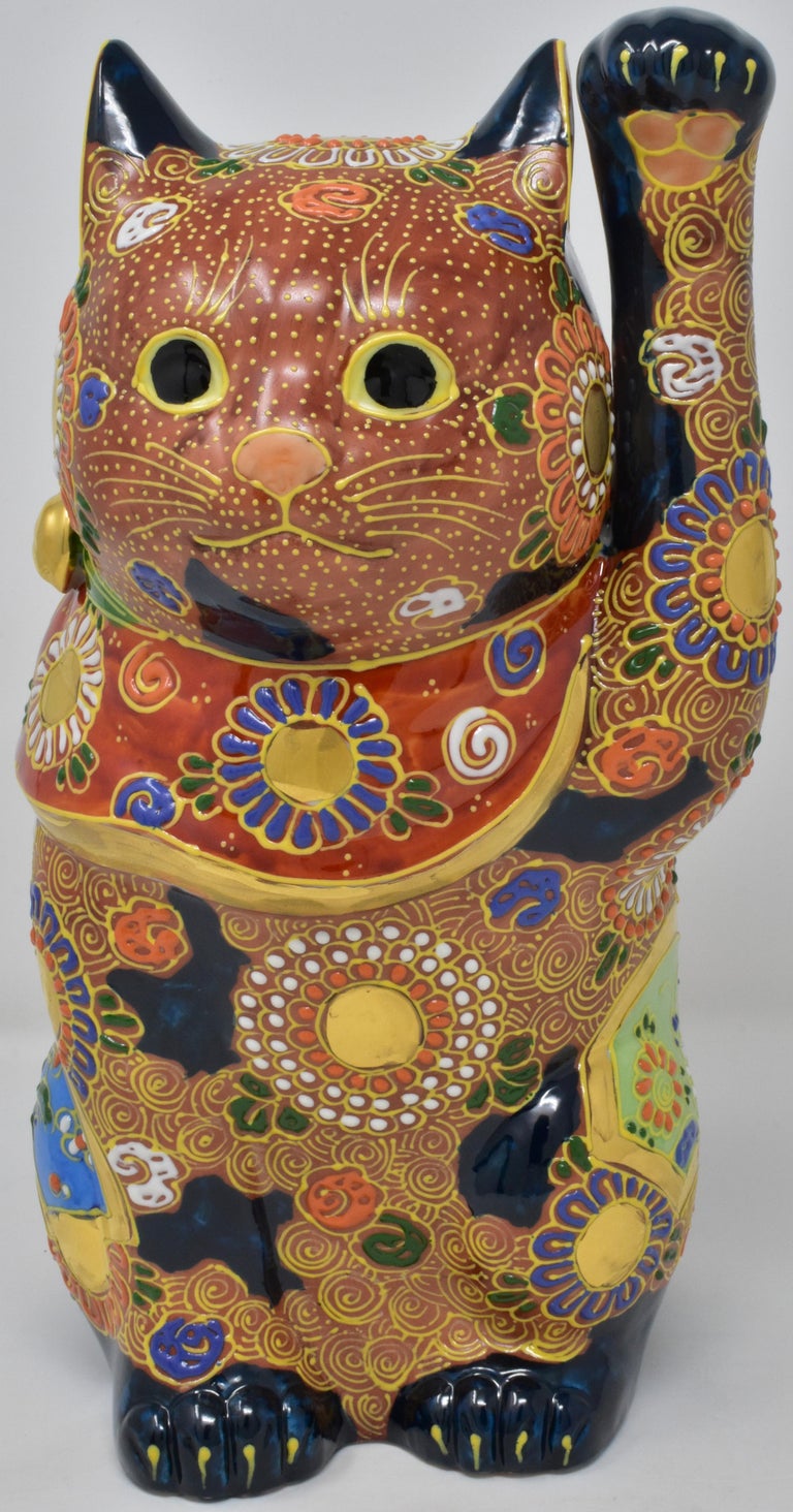 Japanese Black Red Hand Painted Porcelain Beckoning Cat at 1stDibs