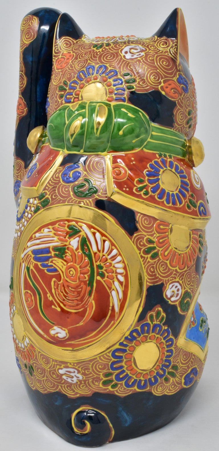 Japanese Black Red Hand Painted Porcelain Beckoning Cat at 1stDibs