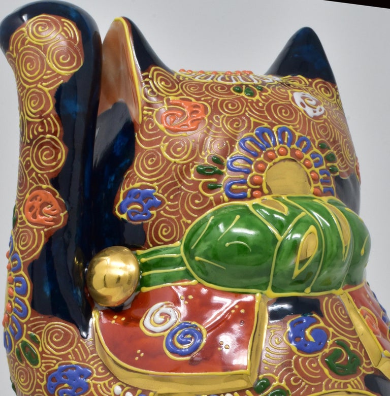Japanese Black Red Hand Painted Porcelain Beckoning Cat at 1stDibs
