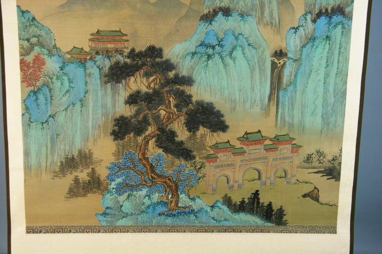 Japanese Blue Waterfall Scroll Landscape For Sale at 1stDibs