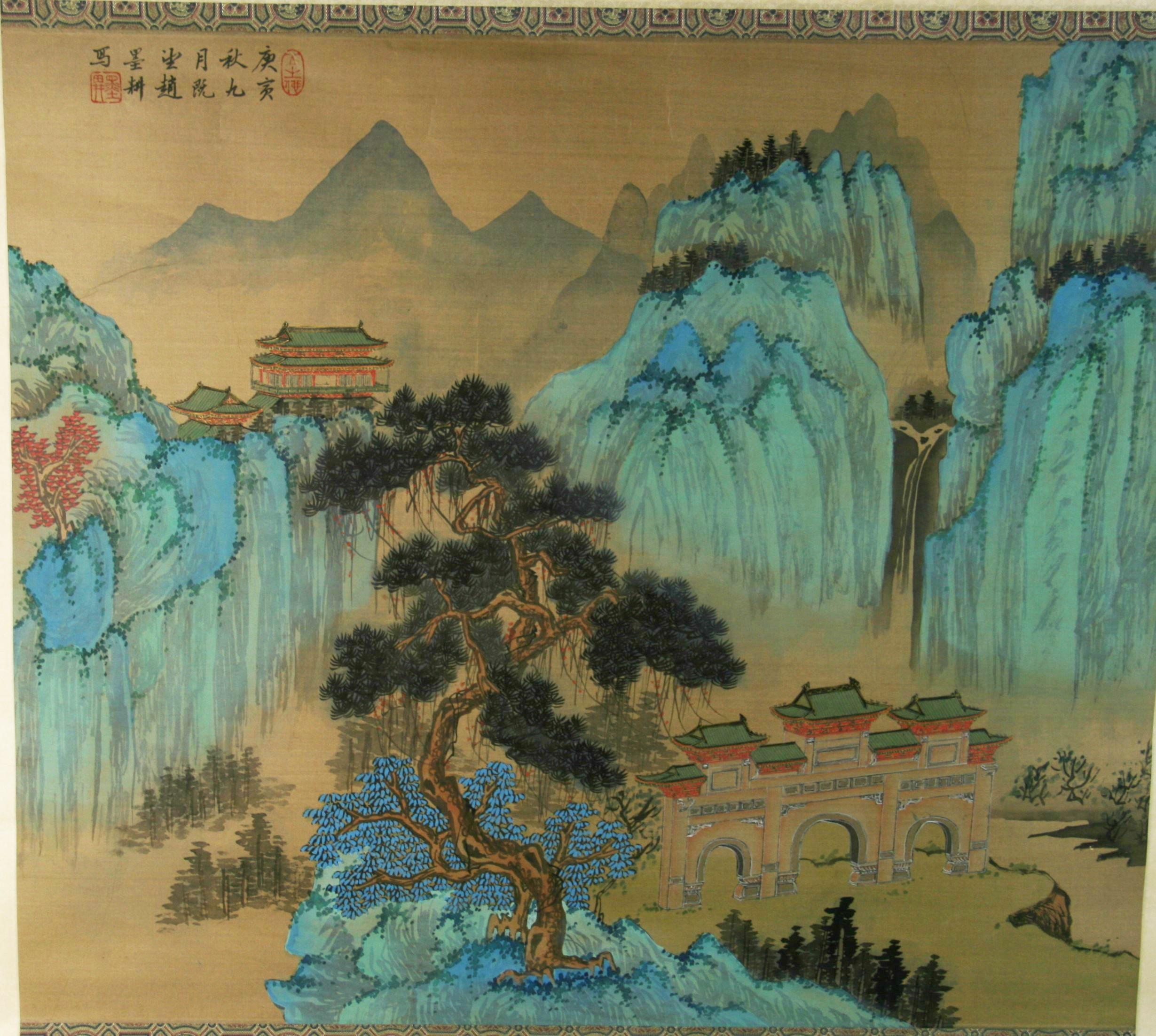 Japanese Blue Waterfall Scroll Landscape For Sale at 1stDibs