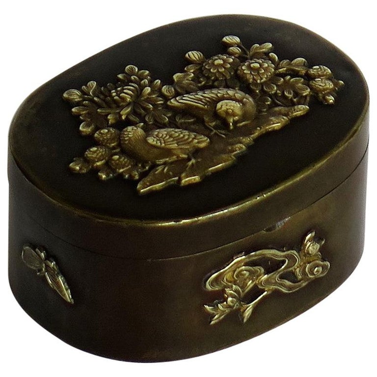 Japanese Bronze and Brass Embossed Small Lidded Box, 19th Century Meiji ...