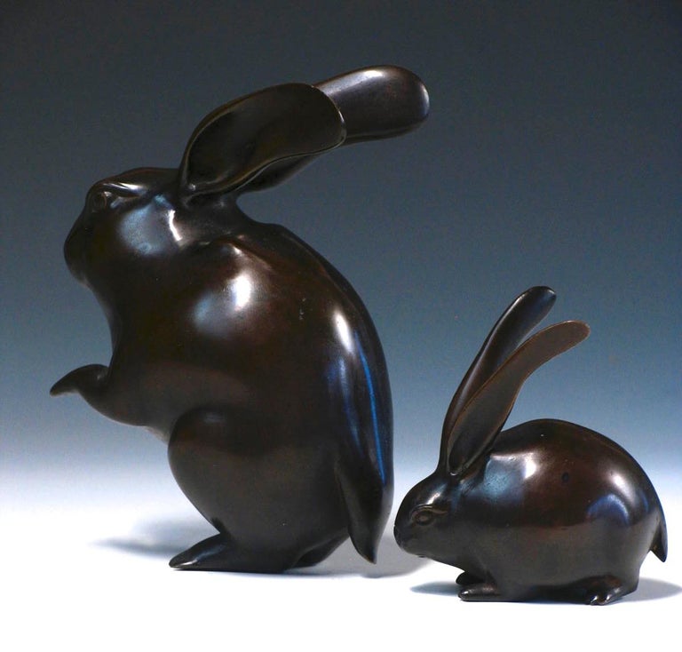 Japanese Bronze Okimono Grouping of 2 Figural Long Eared Rabbits For ...