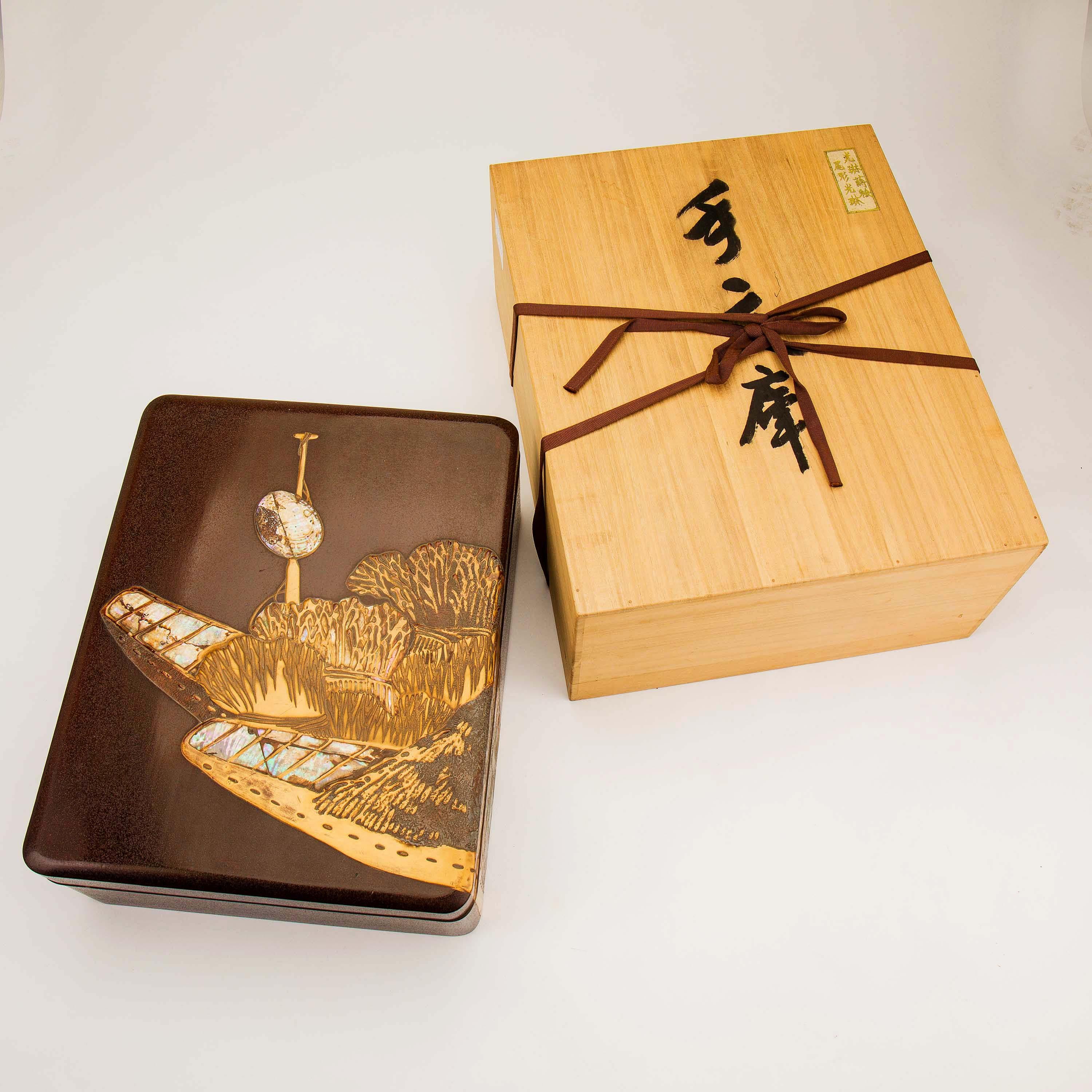 Japanese Brown Lacquer Rinpa Style Document Box with Mother of Pearl ...