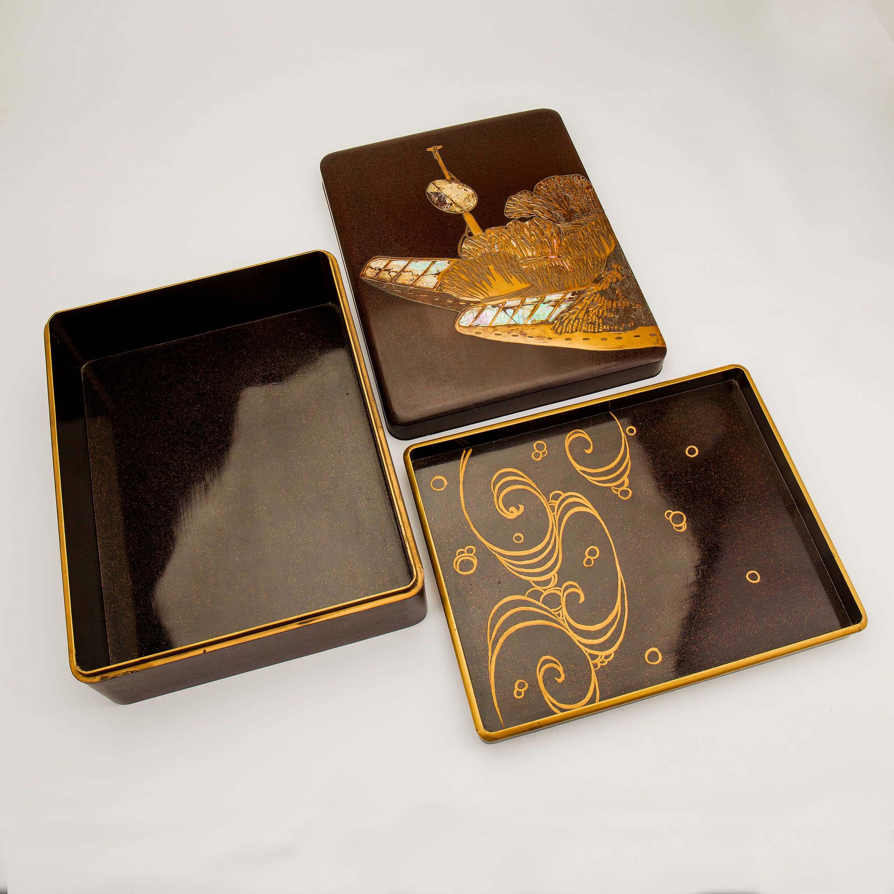 Japanese Brown Lacquer Rinpa Style Document Box with Mother of Pearl ...