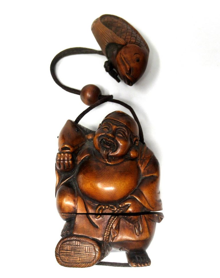 Japanese Carved Netsuke Box Wood Sennin Buddha Meiji Period 1868-1912 ...