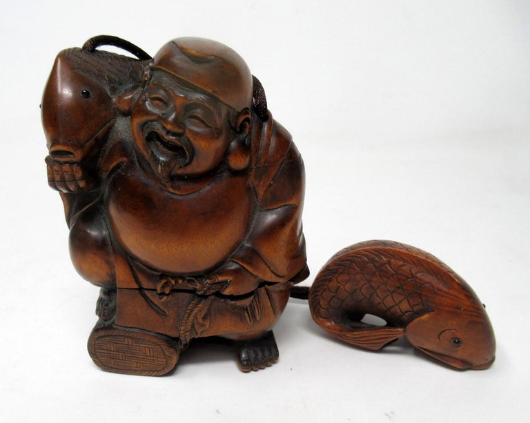 Japanese Carved Netsuke Box Wood Sennin Buddha Meiji Period 1868-1912 ...
