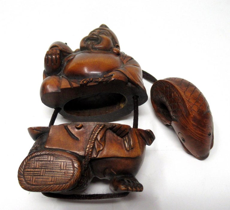 Japanese Carved Netsuke Box Wood Sennin Buddha Meiji Period 1868-1912 ...