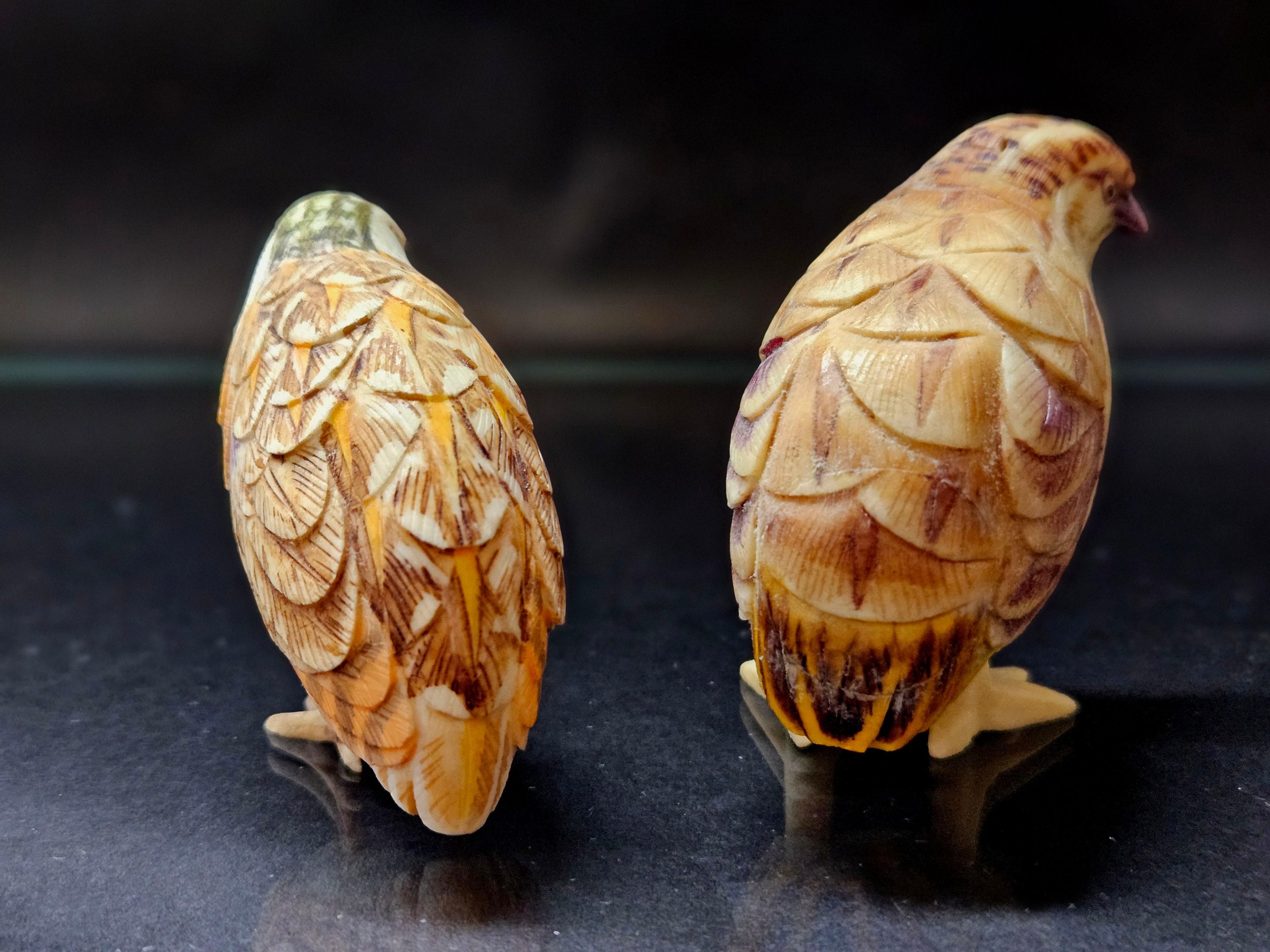 Japanese Carved Okimono Polychrome Birds by Tenzan (天山), Meiji Period ...
