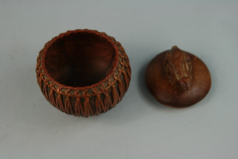 Japanese Carved Rabbit Wood Box with Reed Covering For Sale at 1stDibs
