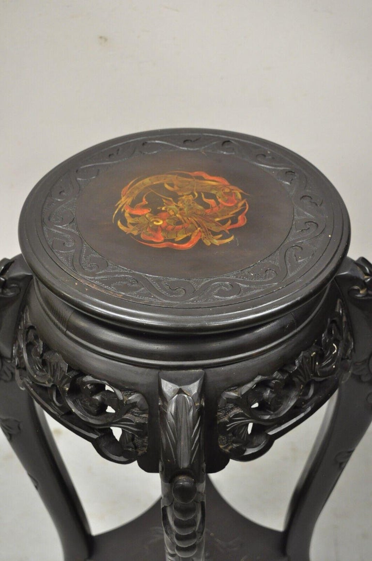 Japanese Carved Wood Black Ebonized Plant Stand Side Table Lacquer Top ...
