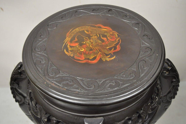 Japanese Carved Wood Black Ebonized Plant Stand Side Table Lacquer Top ...