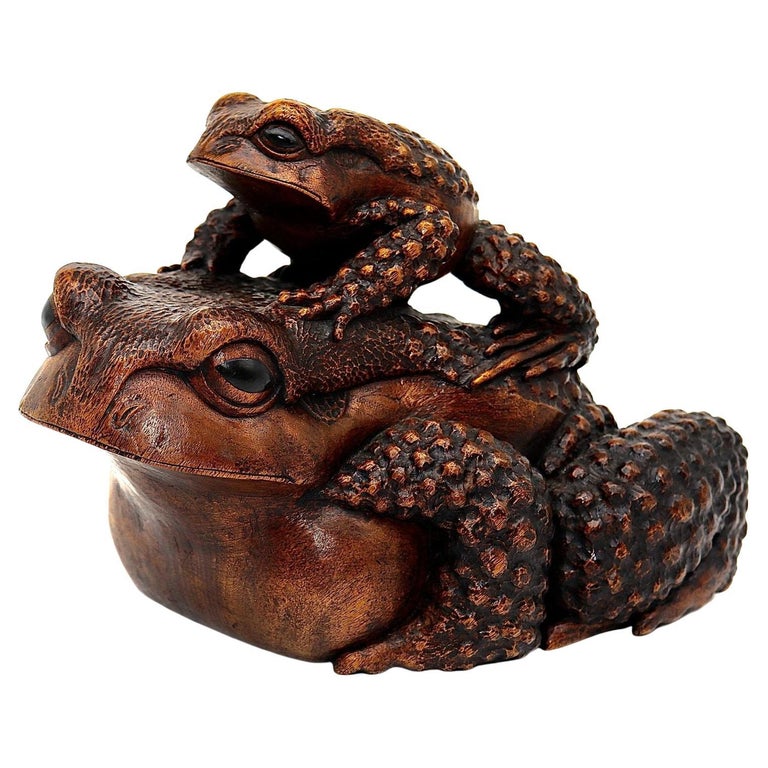 19th Century Japanese Carved Wood Sculpture of Toads Edo Period Signed ...