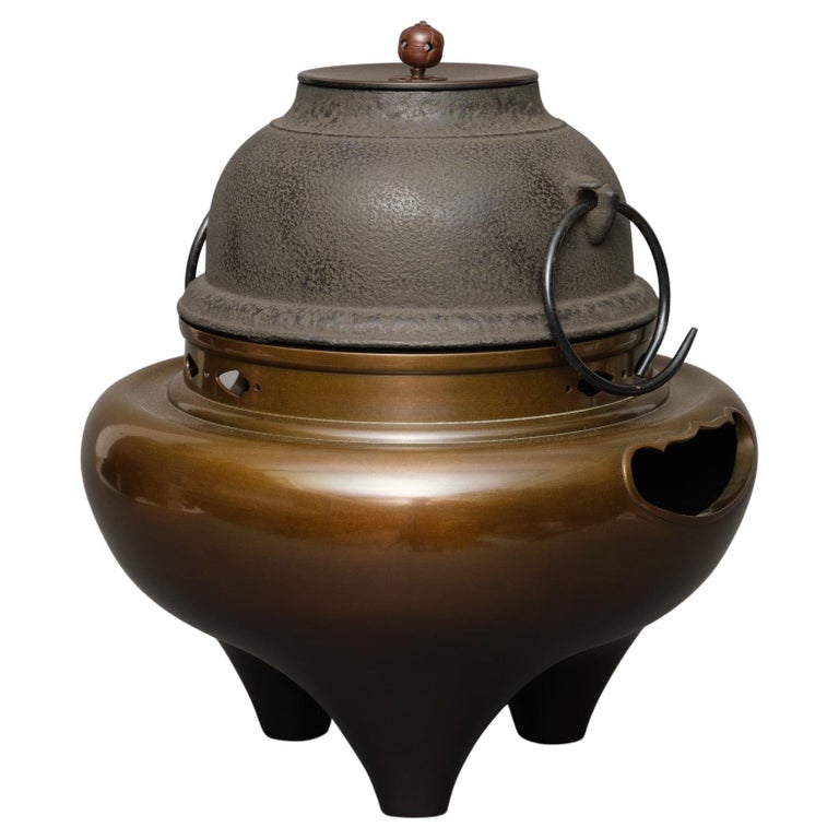 Japanese cast iron chagama 茶釜 (teakettle) and dome-shaped bronze furo ...