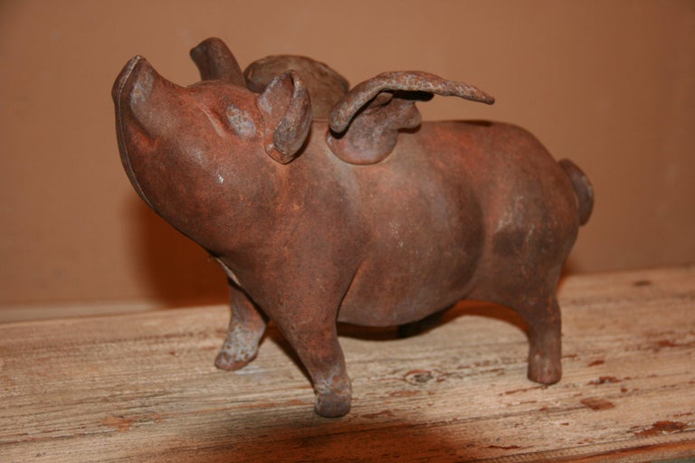 Japanese Cast Iron Pig with Wings Sculpture/Piggy Bank/Garden Ornament ...