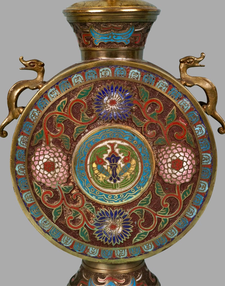 Japanese Champleve Pilgrim or Moon Flask Brass Vase Now Electrified For ...