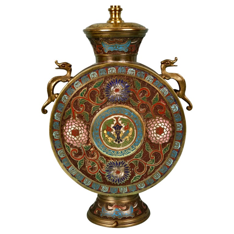 Japanese Champleve Pilgrim or Moon Flask Brass Vase Now Electrified For ...