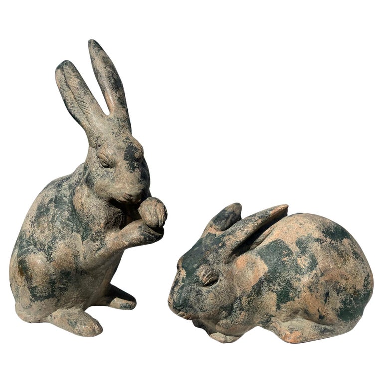 Japanese Charming Old Pair Camouflaged Garden Rabbits at 1stDibs