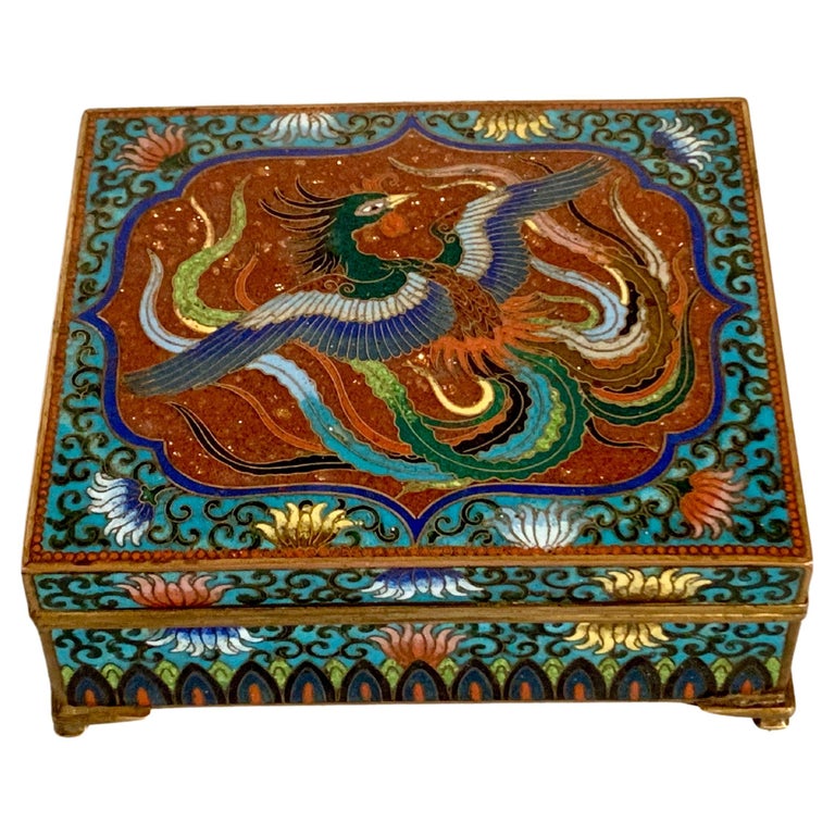 Boîte à phénix japonaise en cloisonné et pierre d'or, période Meiji ...