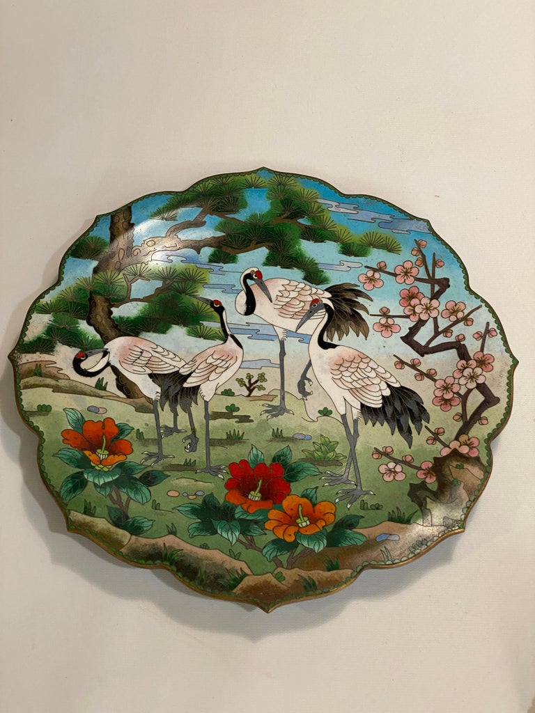 Japanese Cloisonne Crane Decorated Plate For Sale at 1stDibs