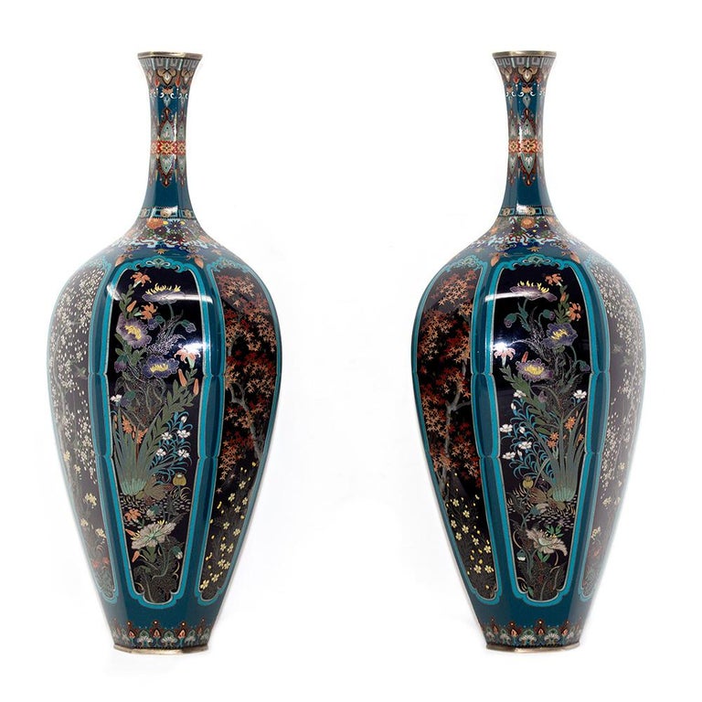 Japanese Cloisonne Enamel Vase Pair Meiji Period For Sale at 1stDibs