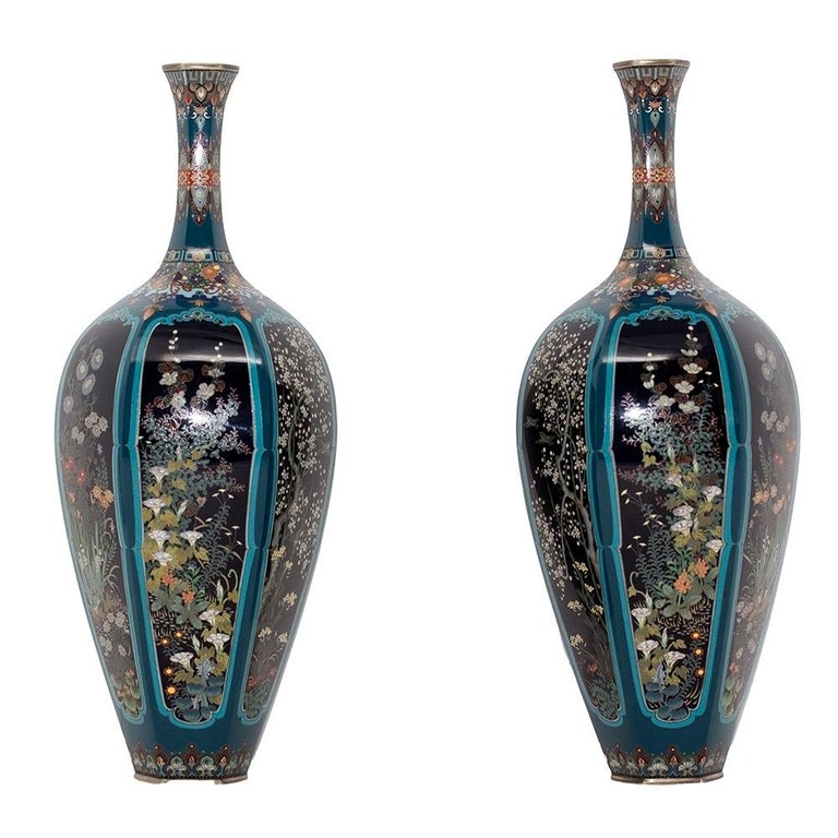 Japanese Cloisonne Enamel Vase Pair Meiji Period For Sale at 1stDibs