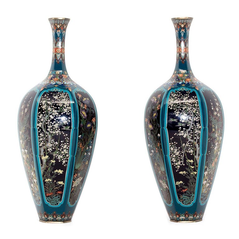 Japanese Cloisonne Enamel Vase Pair Meiji Period For Sale at 1stDibs