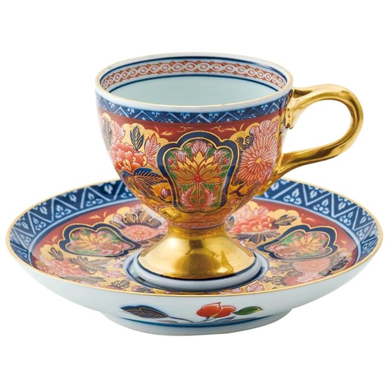 Japanese Contemporary Hand Painted Red Gilded Porcelain Cup and Saucer ...