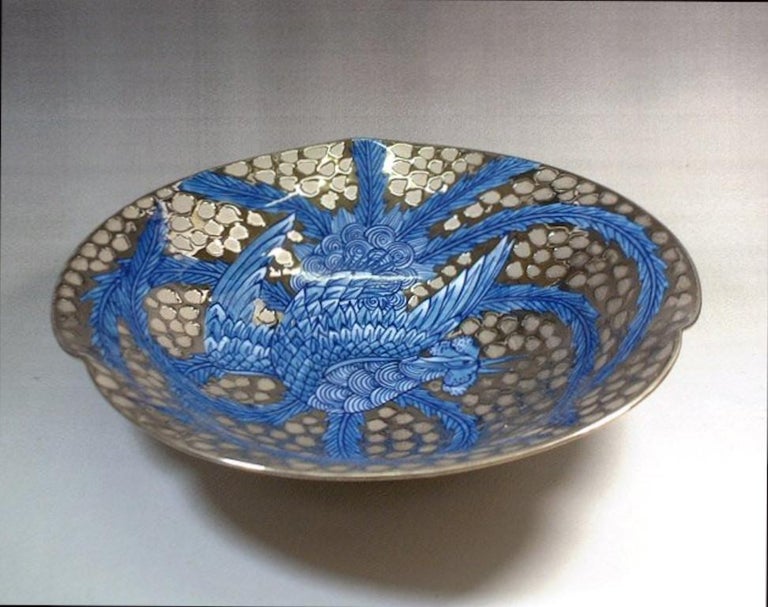 Japanese Contemporary Platinum Blue Porcelain Plate by Master Artist, 3 ...