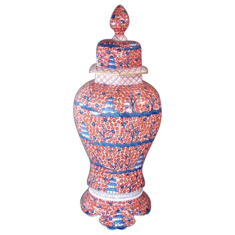Japanese Contemporary Red Three-Piece Porcelain Temple Jar by Master ...