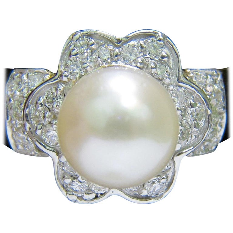 Japanese Cultured Pearl .75 Carat Diamond Ring 14 Karat Daisy Deco For ...