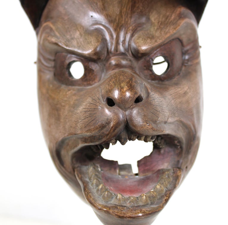 Japanese Edo Carved Wood Fox Mask with Articulated Jaw For Sale at 1stDibs