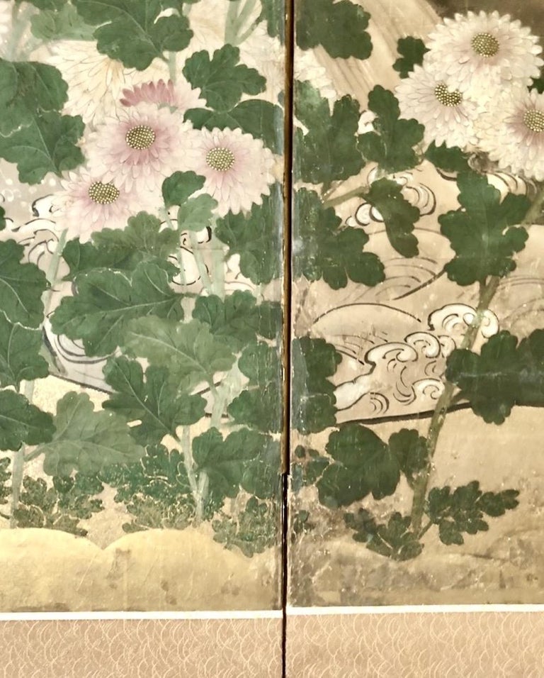 Japanese Edo Era Rinpa School Chrysanthemum Gold Leaf Folding Screen ...