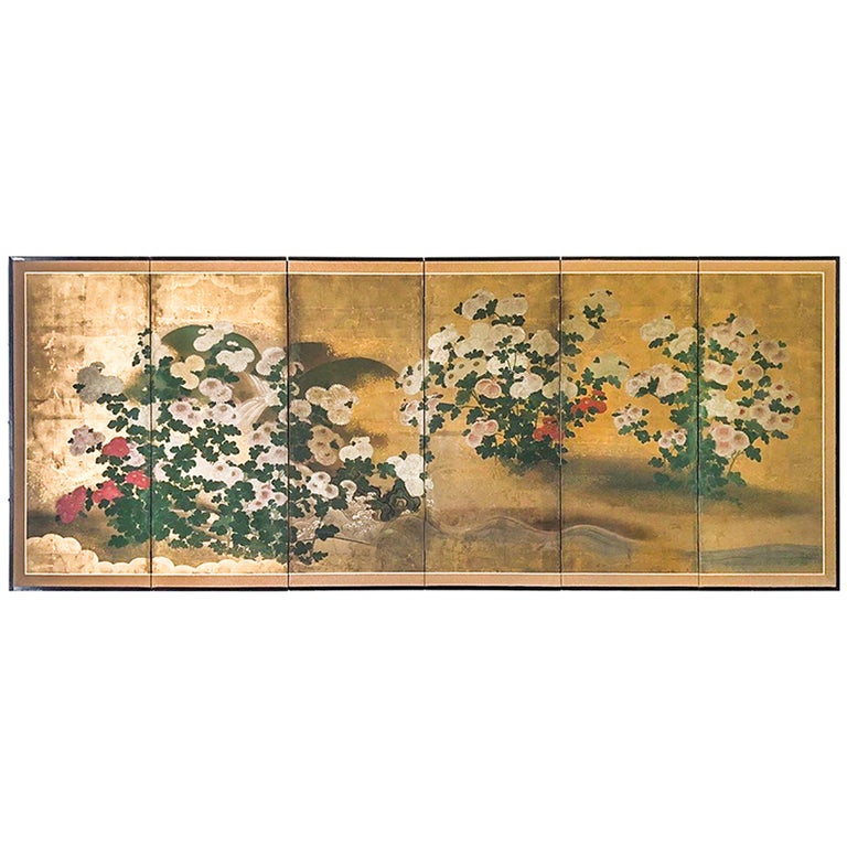 Japanese Edo Era Rinpa School Chrysanthemum Gold Leaf Folding Screen ...
