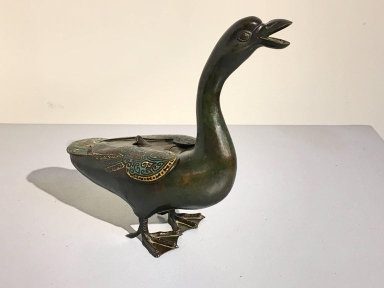 Japanese Edo Period Bronze and Champleve Goose Form Censer, Mid-19th ...