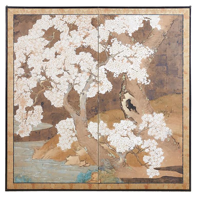 Japanese Edo Period Kano School Sakura Tree Screen at 1stDibs
