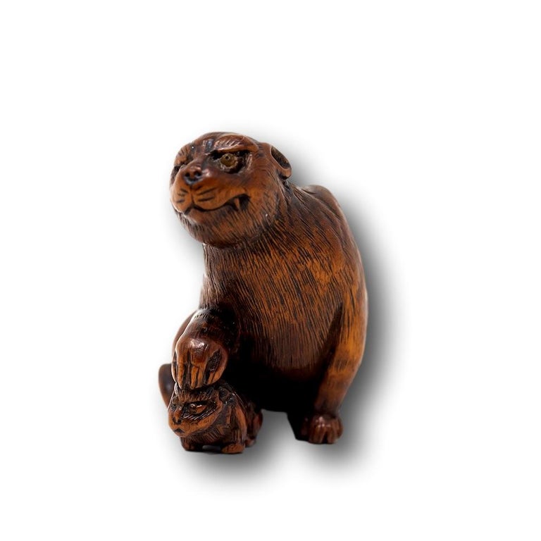 Japanese Edo Period Tiger and Cub Boxwood Netsuke Singed Masayoshi For ...