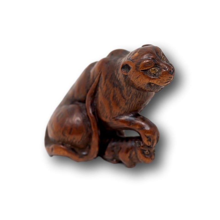 Japanese Edo Period Tiger and Cub Boxwood Netsuke Singed Masayoshi For ...