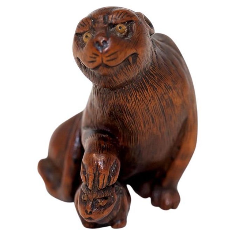 Japanese Edo Period Tiger and Cub Boxwood Netsuke Singed Masayoshi For ...