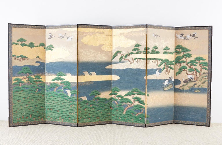 Japanese Edo Screen Hamamatsu Pine Shore with Cranes at 1stDibs