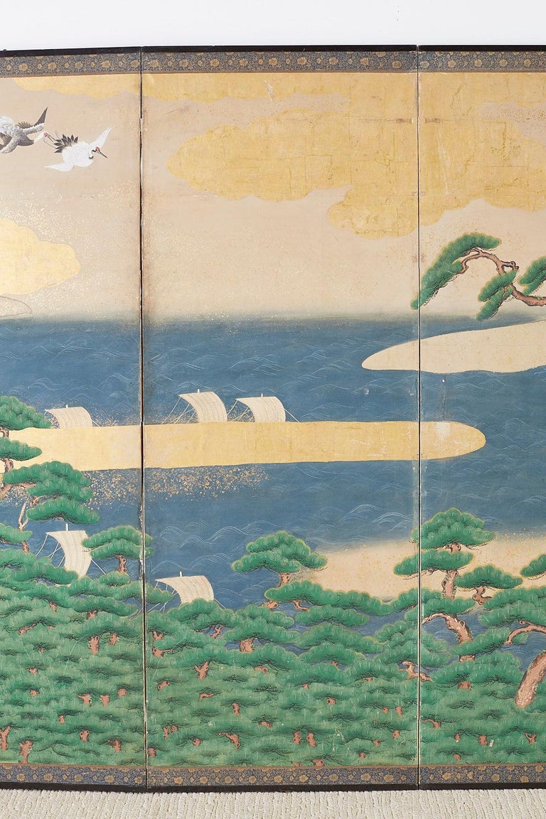 Japanese Edo Screen Hamamatsu Pine Shore with Cranes at 1stDibs