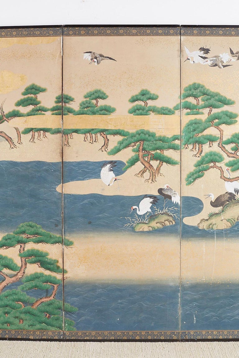 Japanese Edo Screen Hamamatsu Pine Shore with Cranes at 1stDibs