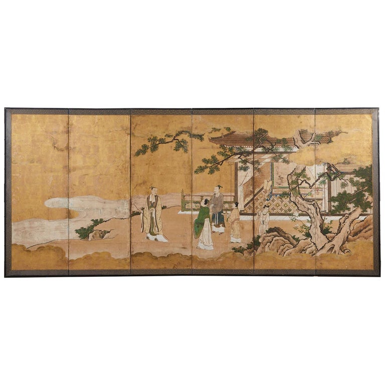Japanese Edo Six-Panel Kano Screen Emperor Garden Terrace at 1stDibs