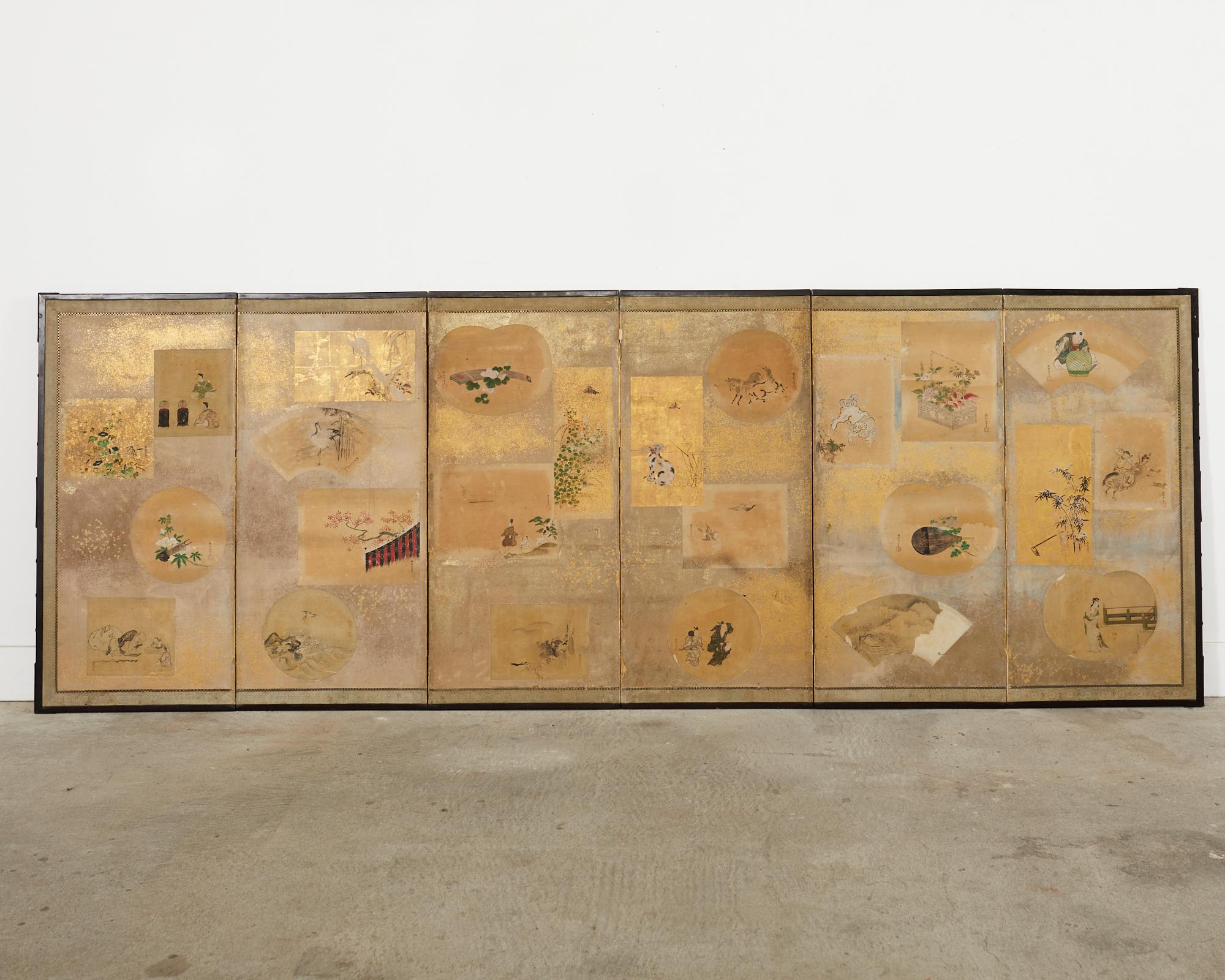 Japanese Edo Six Panel Screen Kano School Applied Vignettes For Sale at ...