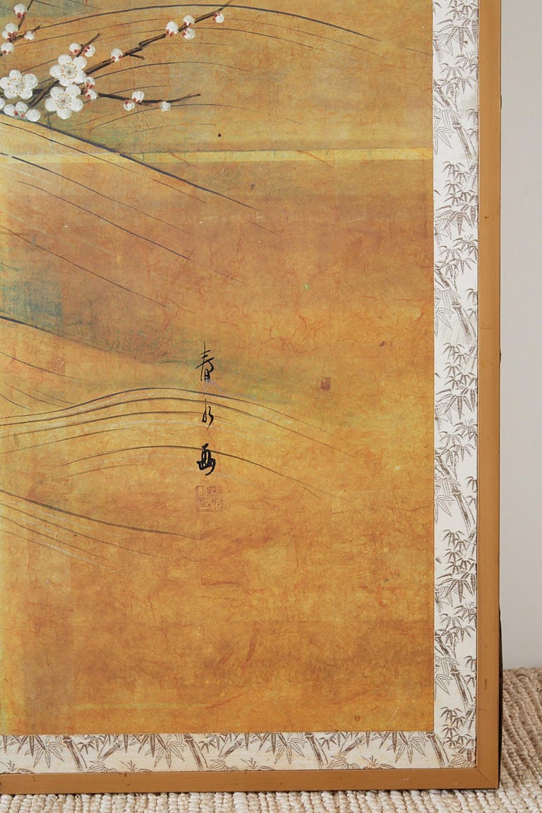 Japanese Edo Style Four-Panel Spring Landscape Screen at 1stDibs