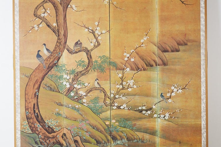 Japanese Edo Style Four-Panel Spring Landscape Screen at 1stDibs