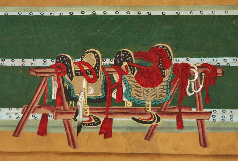 Japanese Edo Style Six Panel Screen Horses in Stable at 1stDibs